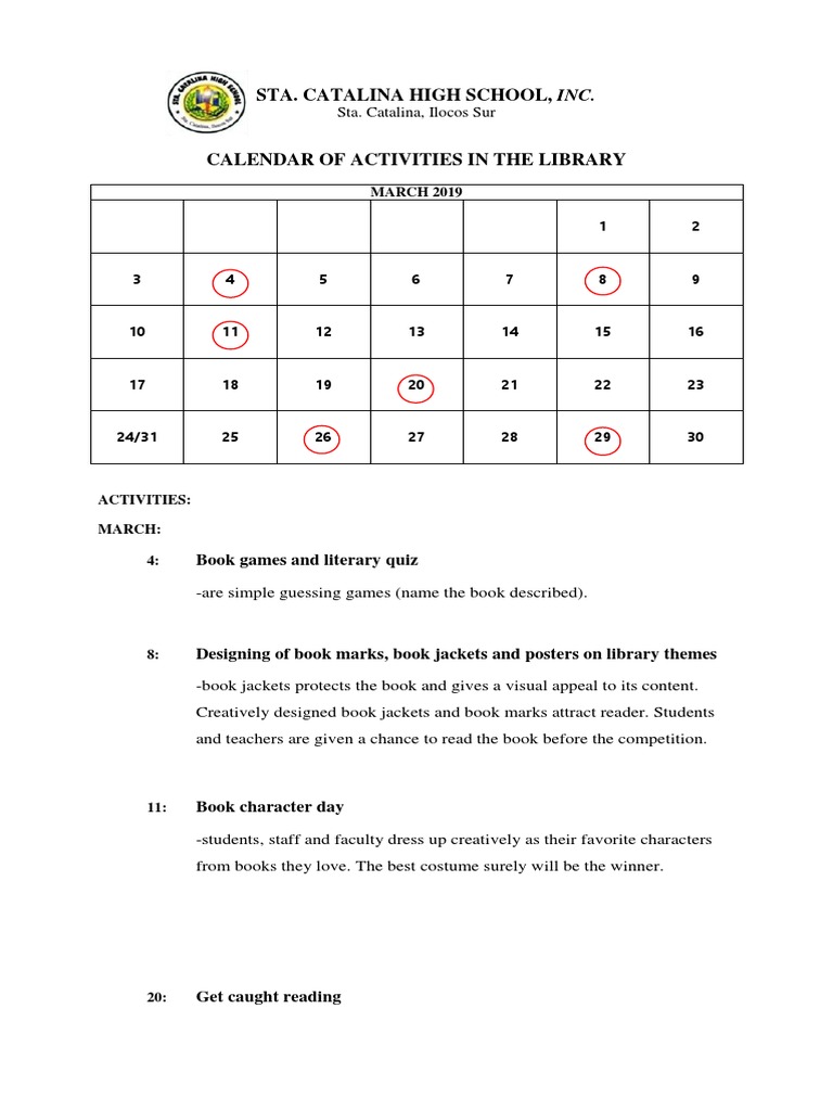 Calendar of Activities 2 | PDF | Libraries | Librarian