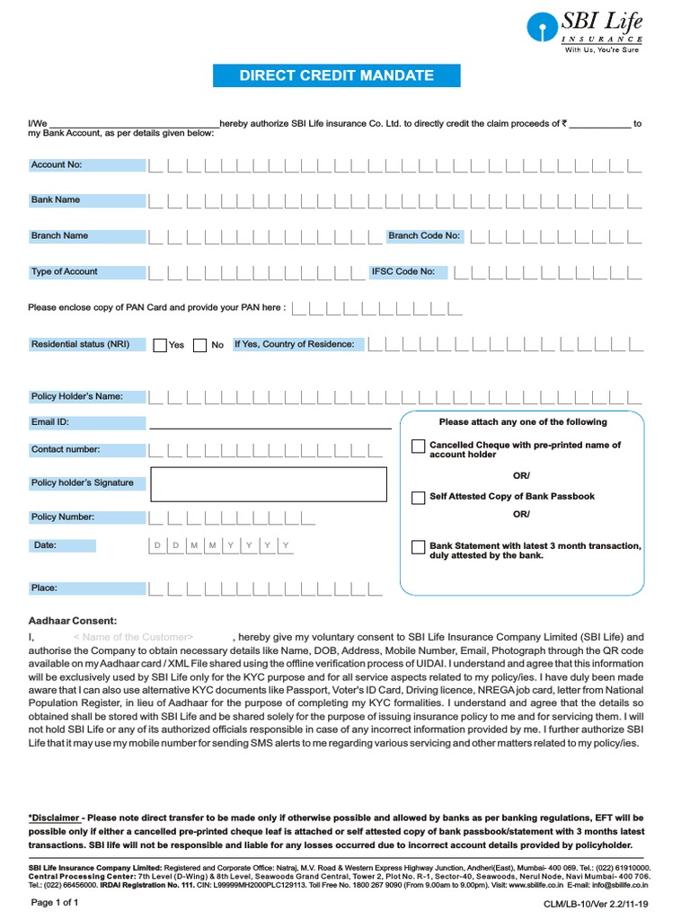 Direct Credit Mandate Discharge Voucher For Survival Benefit - 07112019 ...