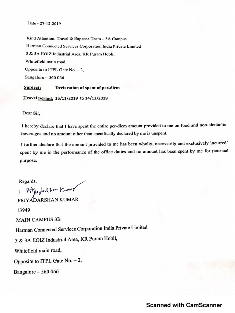 per diem declaration form