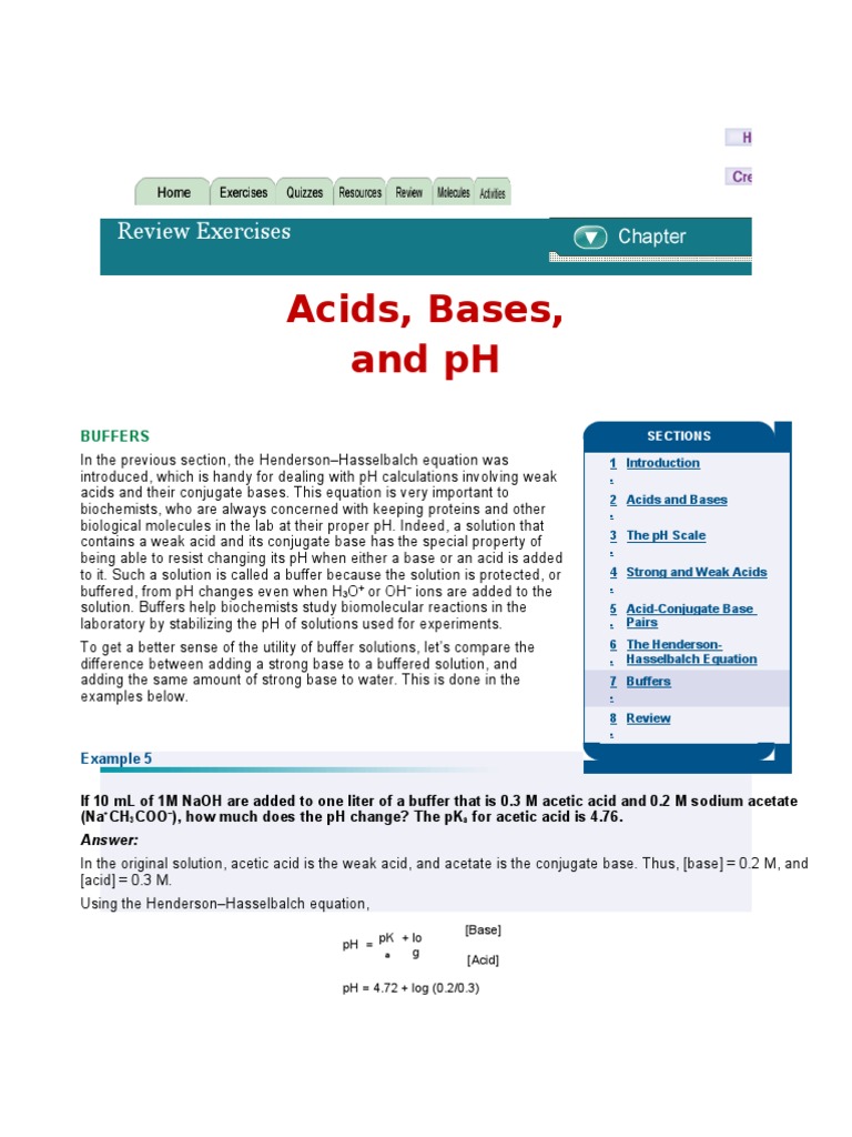 Acids, Bases, and PH: Review Exercises | PDF | Ph | Buffer Solution