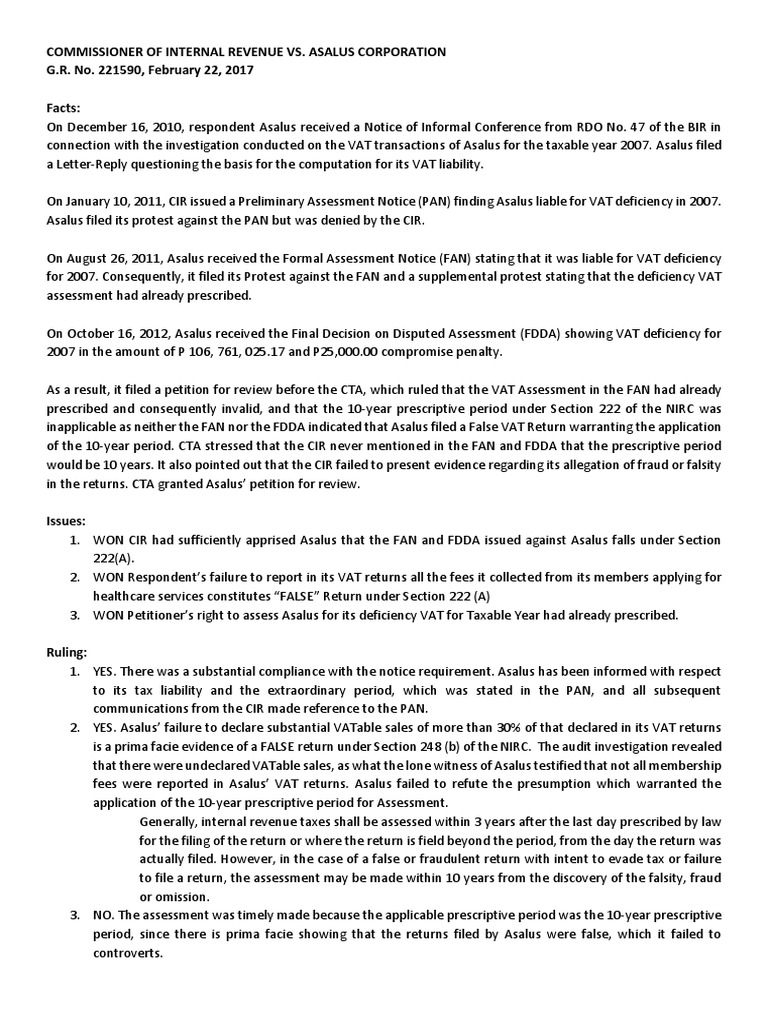 CIR vs. Asalus - Digest | PDF | Value Added Tax | Fraud
