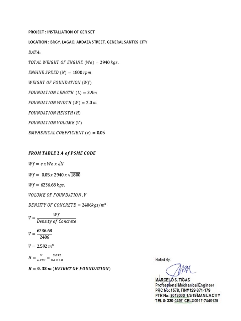 ENGINE FOUNDATION COMPUTATION Sample | PDF | Technology & Engineering