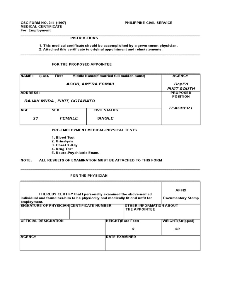 1medical Certificate (CSC FORM 211) | Download Free PDF | Health ...