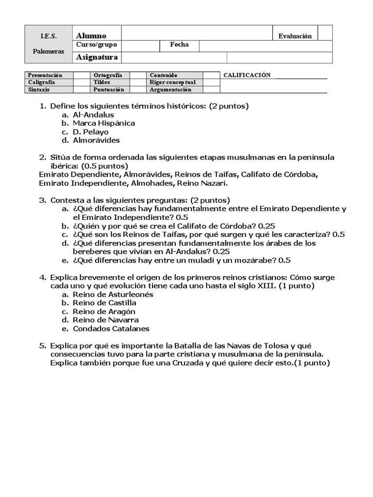 Examen Edad Media 1 Parte 2c2baeso | PDF | Al Andalus | Edades medias