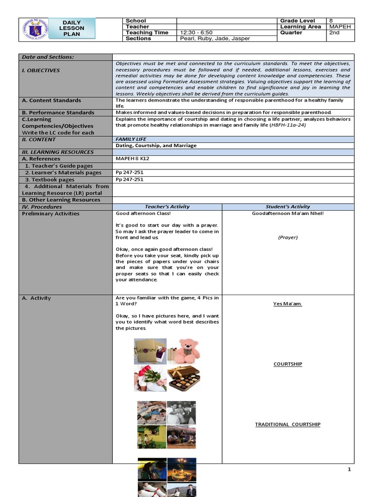 School Grade Level 8 Lesson Plan Analyzes Courtship | PDF | Learning ...