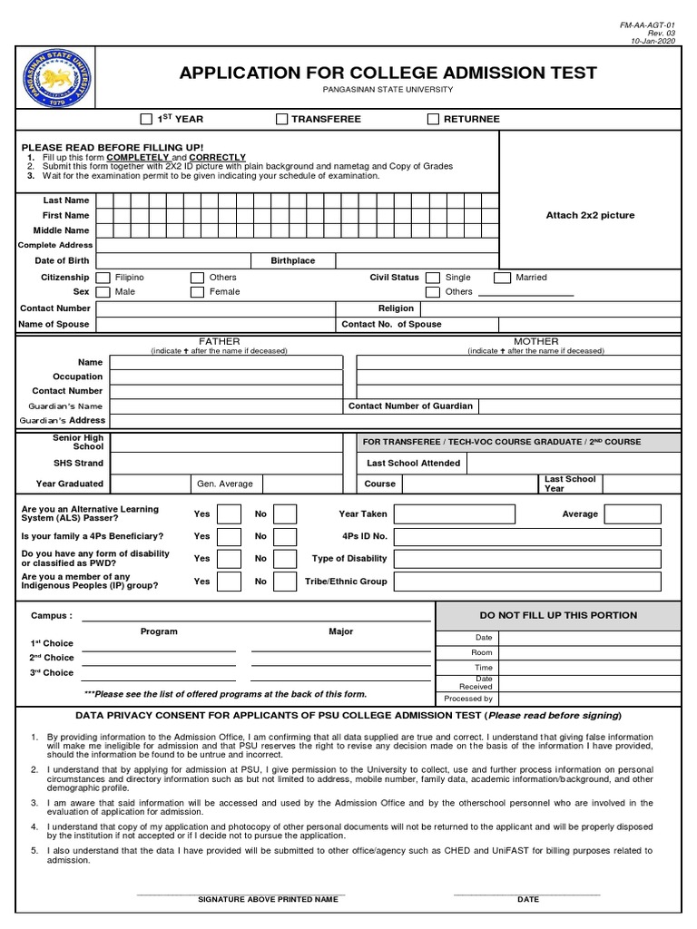 01 Application Form For College Admission Test Rev.03 | PDF | Bachelor ...