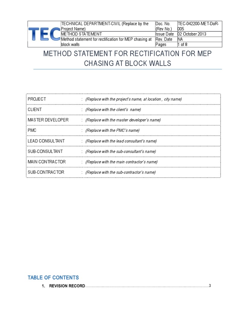 TEC-042200 - MET-DoR-005 (Method Statement For Rectification For MEP Chasing at Block Walls ...