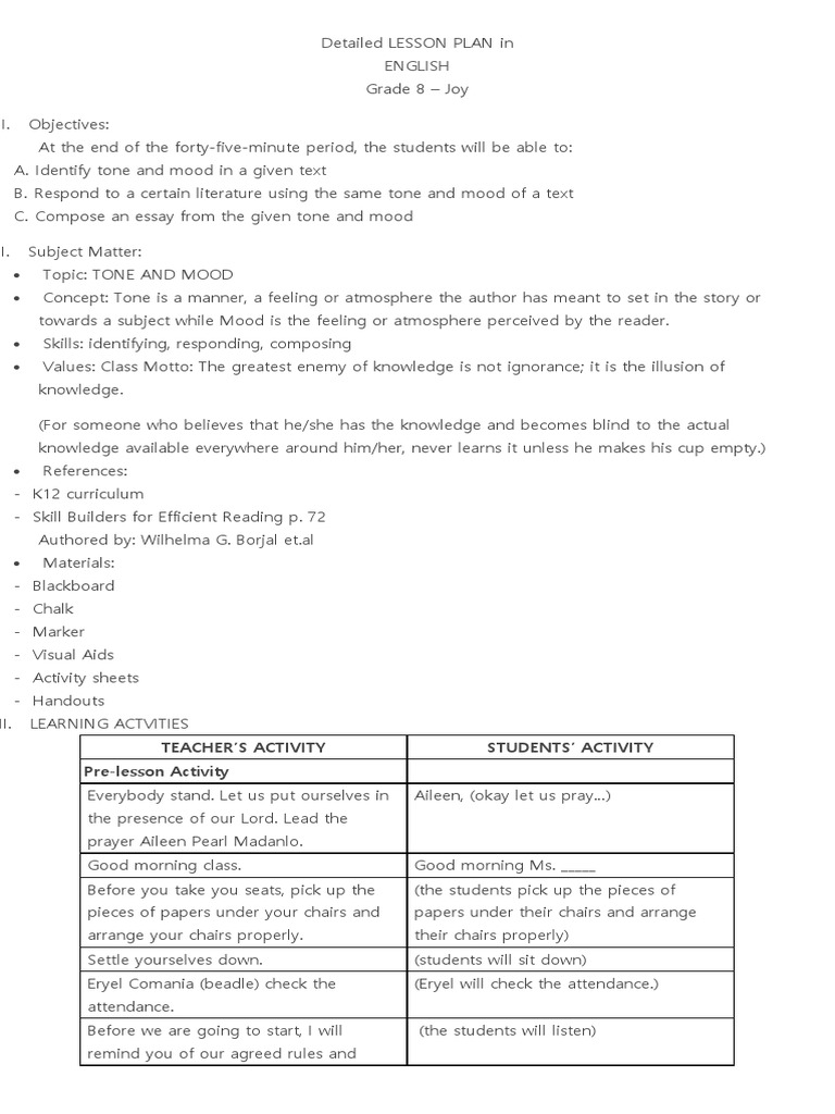 Detailed LESSON PLAN in Tone and Mood | PDF | Corazon Aquino
