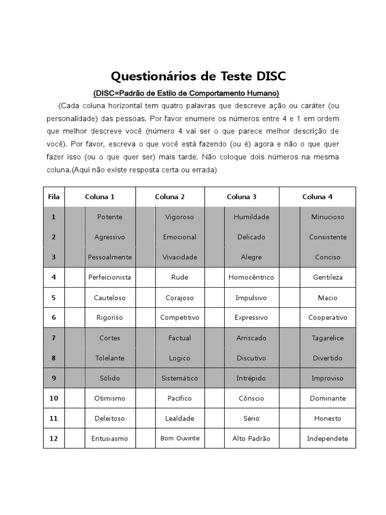 Questionário de Teste DISC para Imprimir | PDF | Humano | Conceitos ...