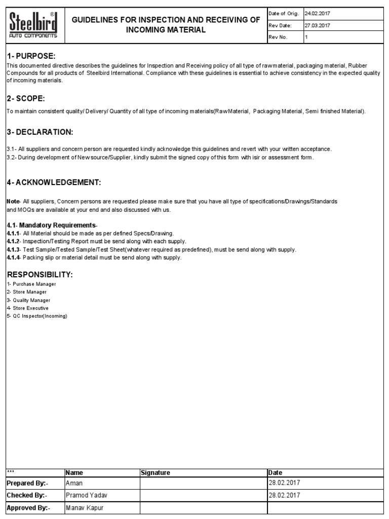 Guidelines For Incoming Inspection | PDF | Specification (Technical ...