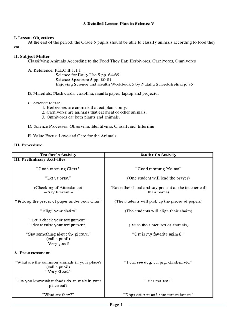 Science 5 Lesson Plan | PDF | Herbivore | Lunch