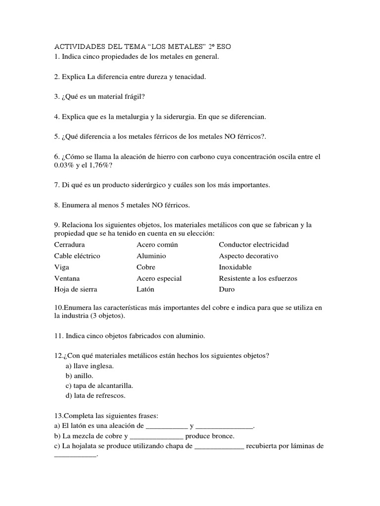 Actividades Del Tema Metales | PDF | Rieles | Cobre