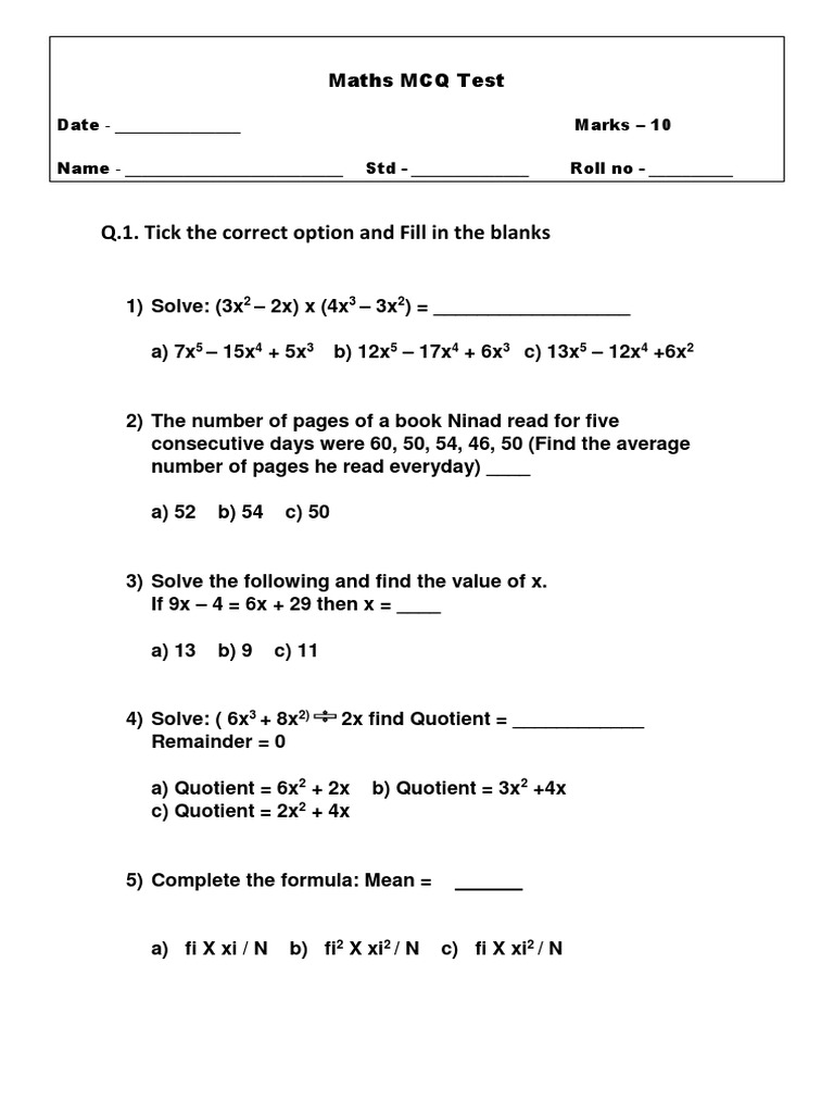 Year 3 Maths MCQ Test Paper | PDF | Teaching Methods & Materials