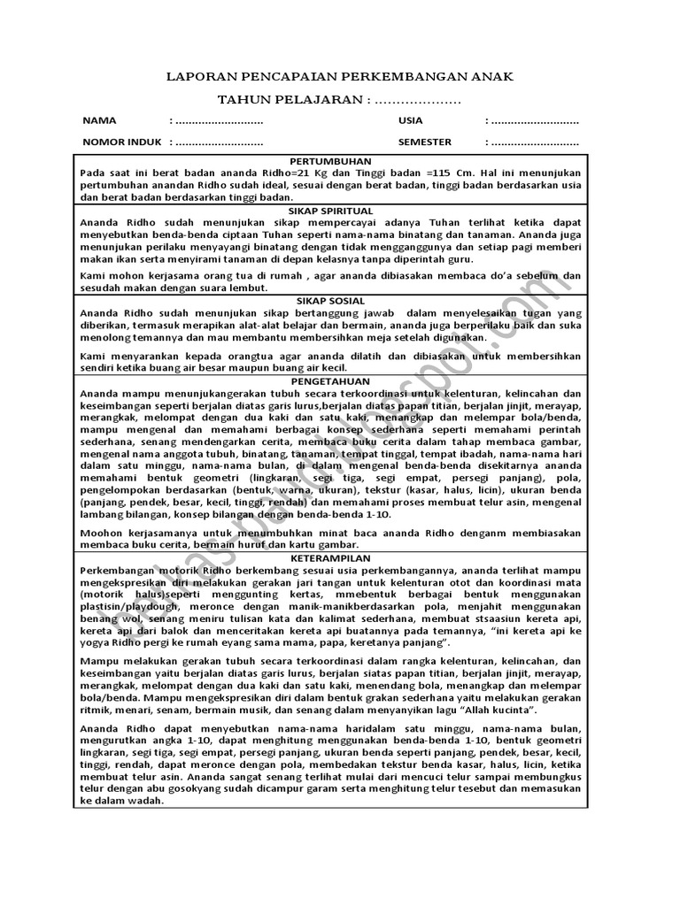 Laporan Pencapaian Perkembangan Anak (Lppa) | PDF