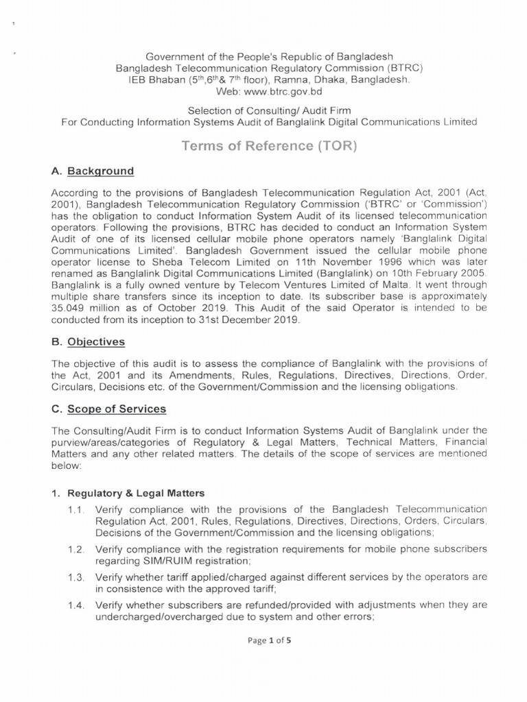 Terms of Reference (TOR) For Selection of Consulting Audit Firm For ...