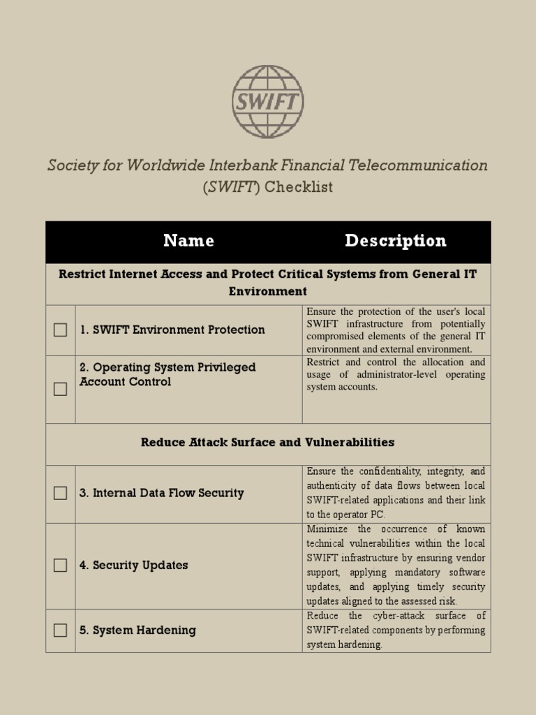 SWIFT Checklist | PDF | Authentication | Vulnerability (Computing)