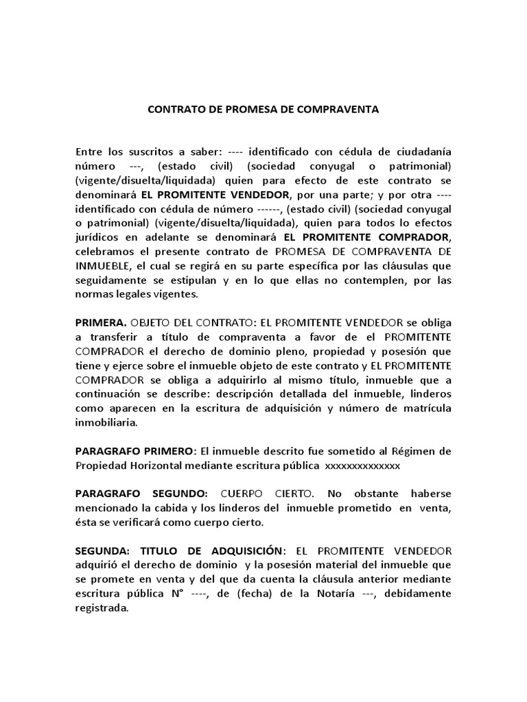 Ejemplo - Formato Contrato Promesa de Compraventa | PDF | Conceptos legales | Gobierno