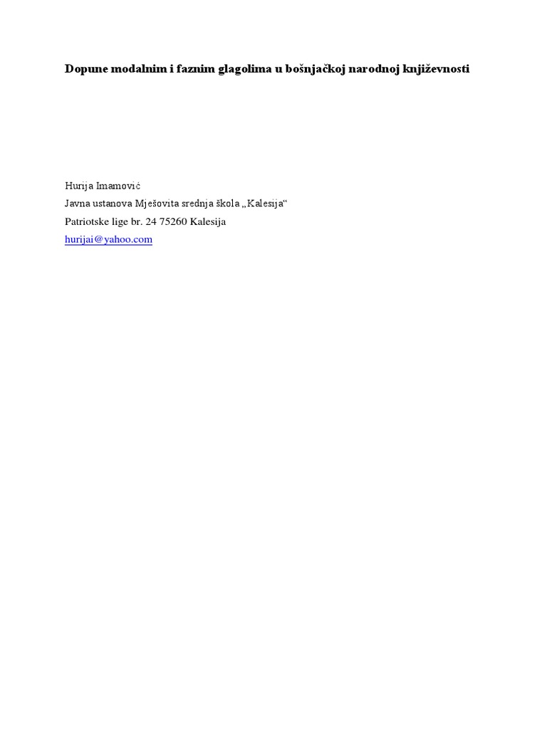 Dopune Modalnim I Faznim Glagolima U Bosnjackoj Narodnoj KNJ | PDF