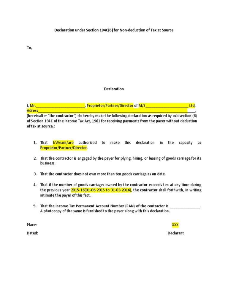 Vendors Tds Declaration Under Section 194c Pdf