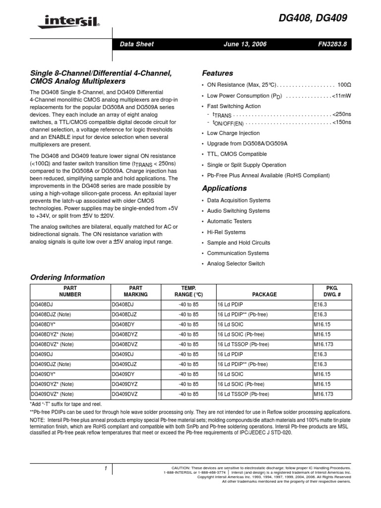 DG408, DG409: Single 8-Channel/Differential 4-Channel, CMOS Analog ...