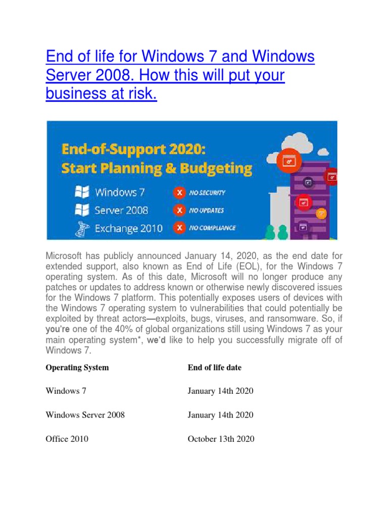 End of Life For Windows 7 and Windows Server 2002 | PDF | Windows 7 ...