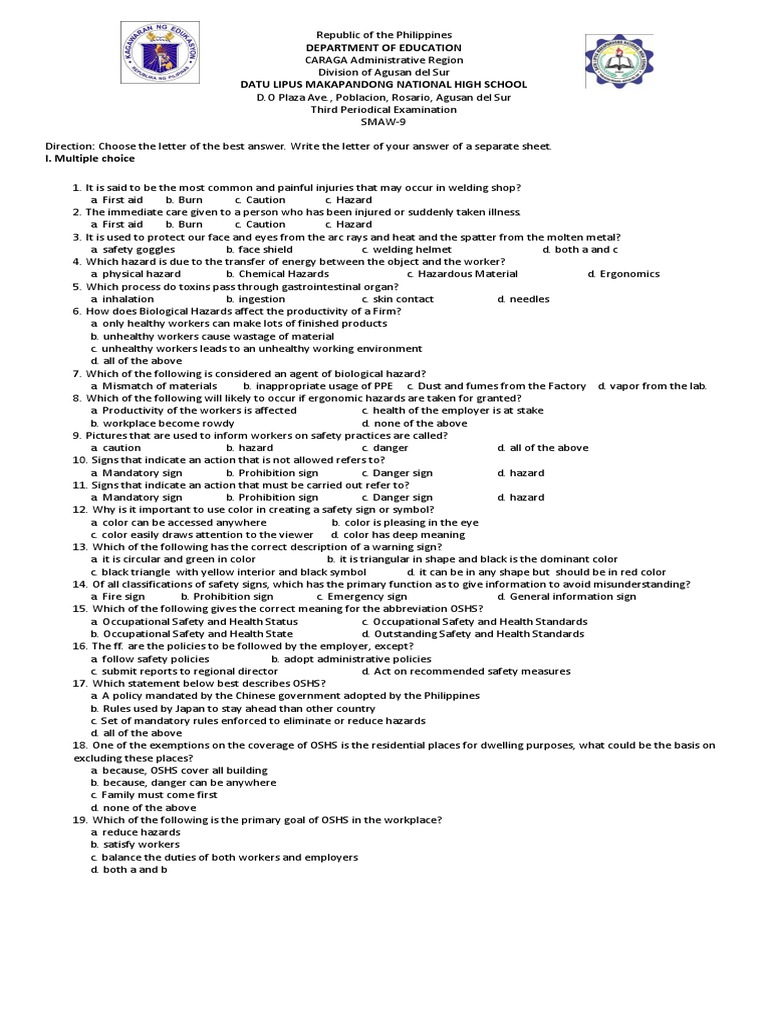 SMAW Grade 9 Safety Exam Questions | PDF | Personal Protective ...