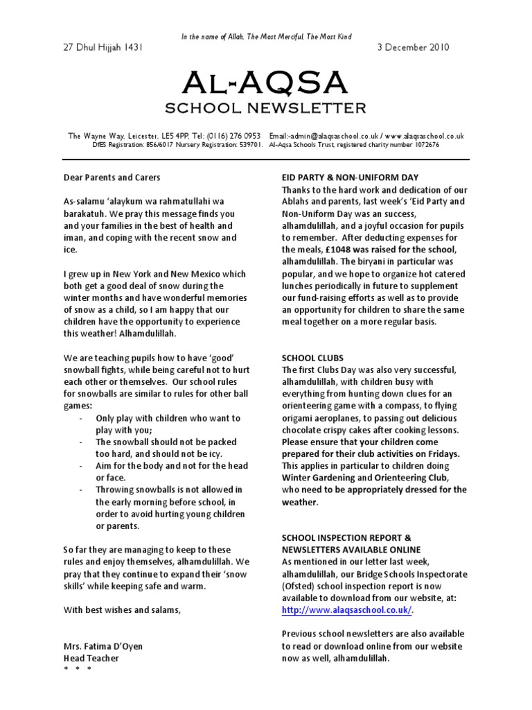 Al-Aqsa School Newsletter 3/12/2010 | PDF | Clothing