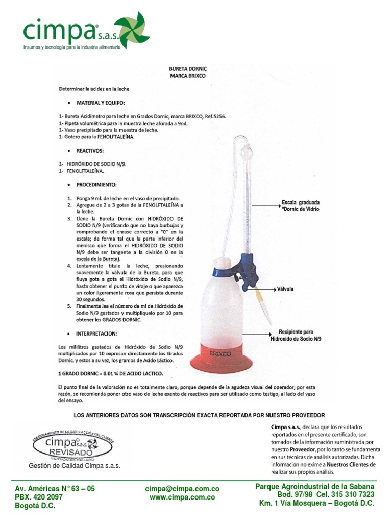 Acidimetro Procedimiento de Uso Bureta Dornic | PDF