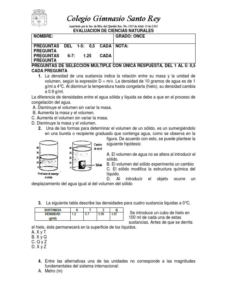 Evaluación Q111 | PDF | Densidad | Volumen