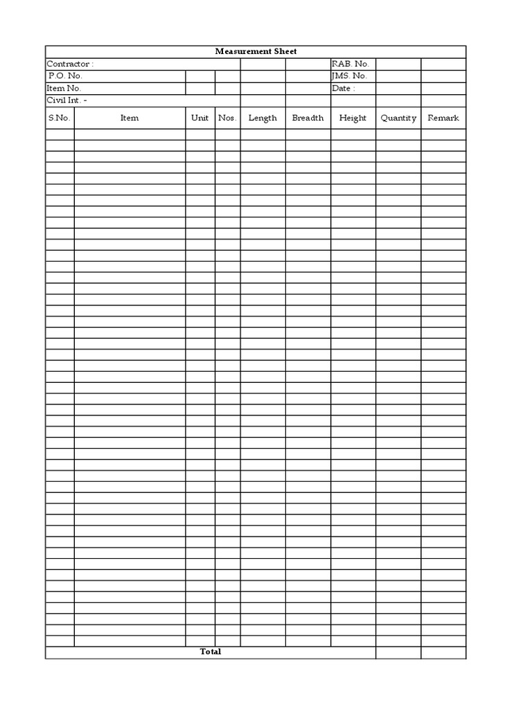Construction Measurement Sheet Template | PDF