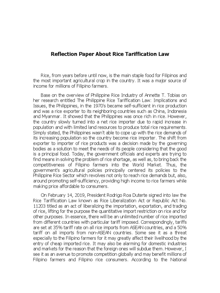 RA 11203 Reflection Paper | PDF | Rice | Tariff