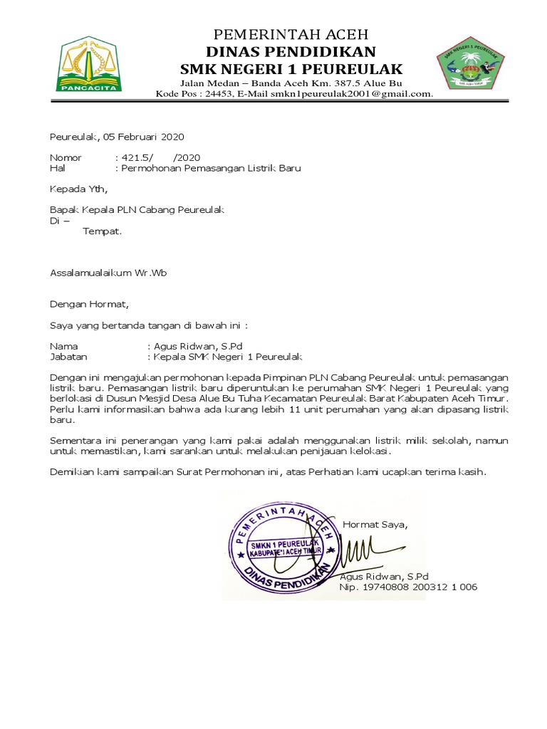 Surat Permohonan Pemasangan Listrik Baru | PDF