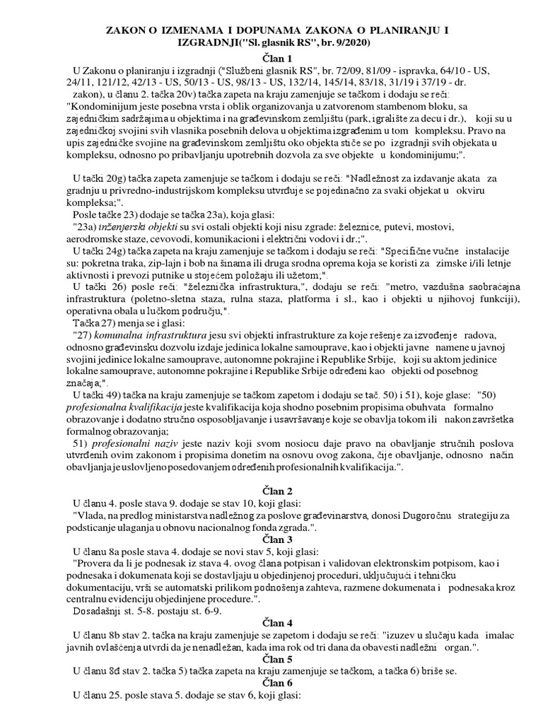 Zakon o Planiranju I Izgradnji 9 2020 Samo Izmene I Dopune - 372019 - Dr. Zakon I 92020) | PDF
