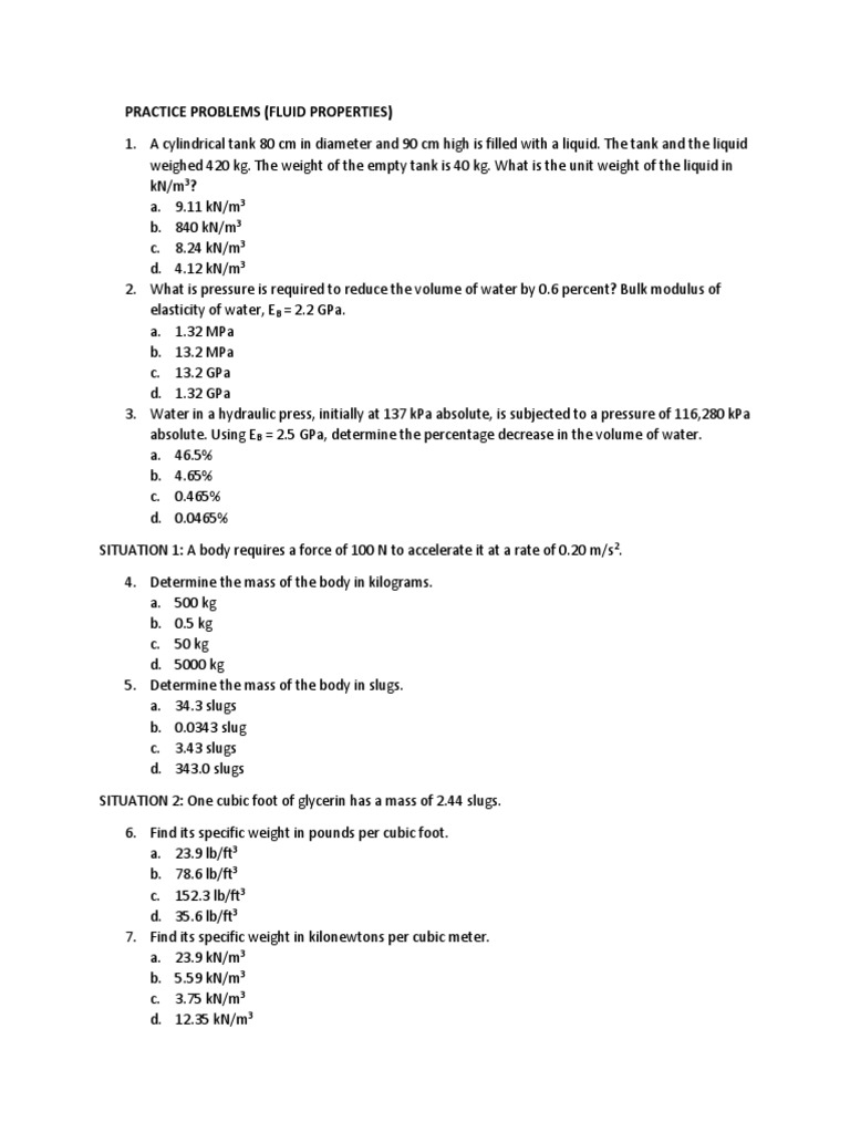 Fluid Properties Practice Problems | PDF | Pascal (Unit) | Pressure
