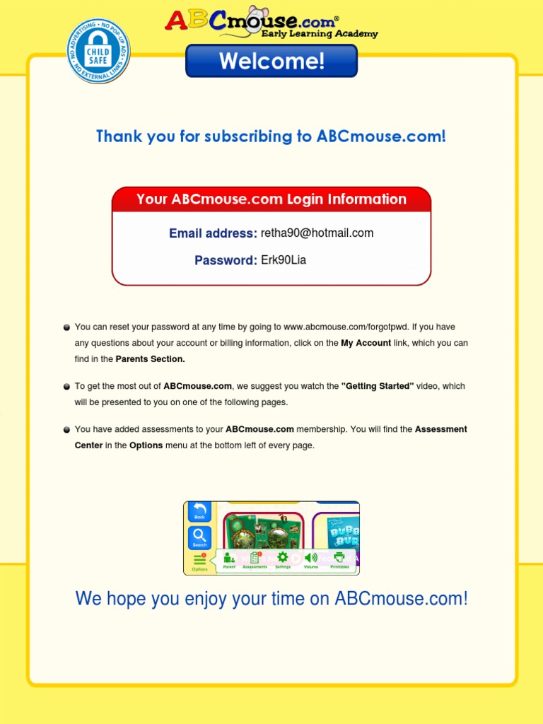 Login and Account Information for New ABCmouse.com Subscriber | PDF