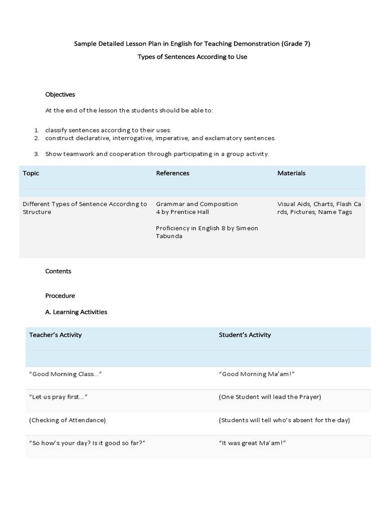 Sample Detailed Lesson Plan in English For Teaching Demonstration ...