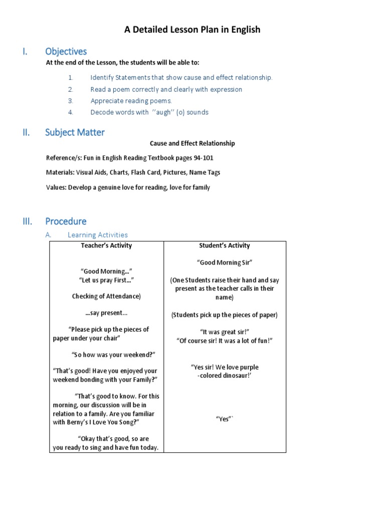 A Detailed Lesson Plan in English | PDF | Lesson Plan | Love
