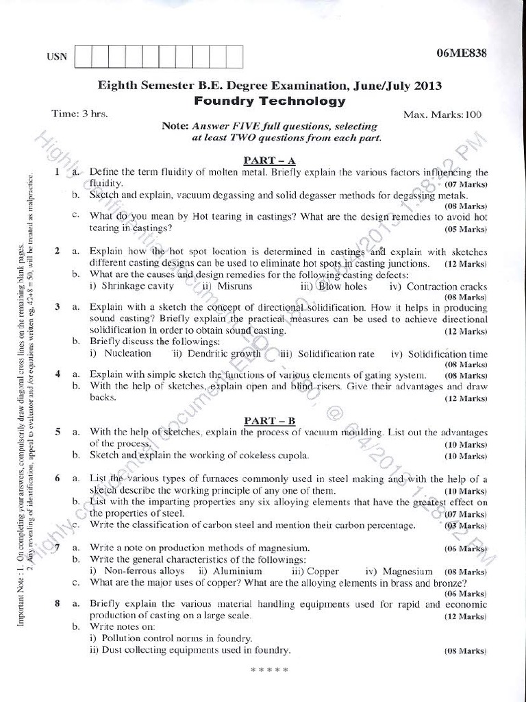 Foundry Technology Question Paper | PDF