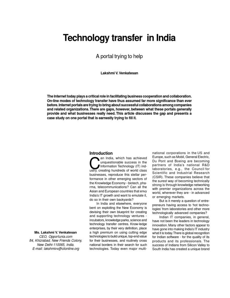 Technology Transfer In India Pdf Information Technology Innovation