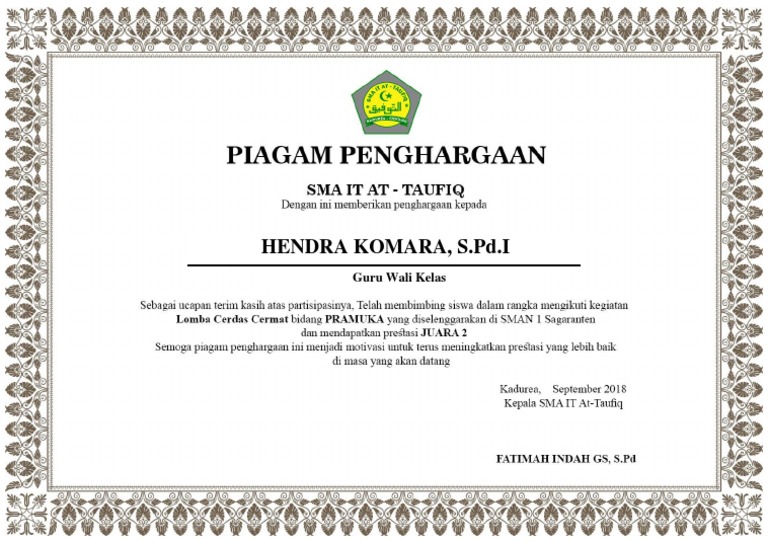 Contoh Sertifikat Penghargaan Guru | PDF