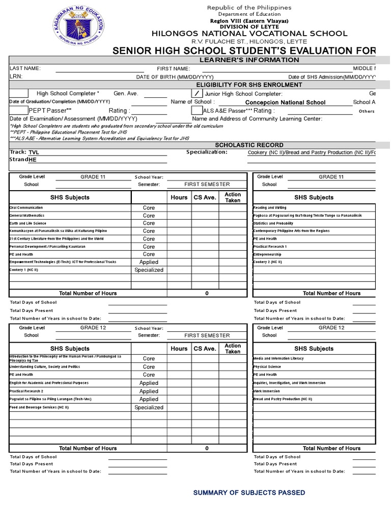 SHS Form 9 Evaluation Form TVL He Cookery | Download Free PDF | Middle ...