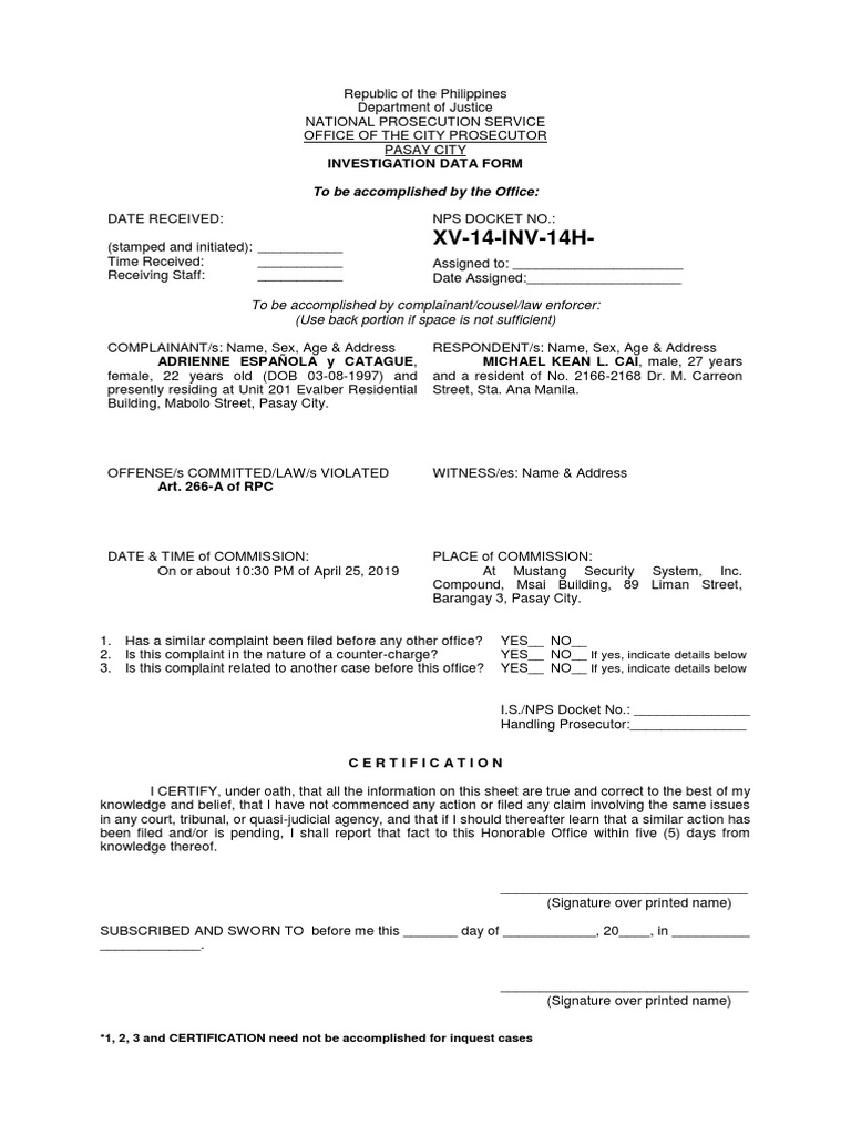 01A G1P Investigation Data Form 1 | PDF | Prosecutor | Complaint