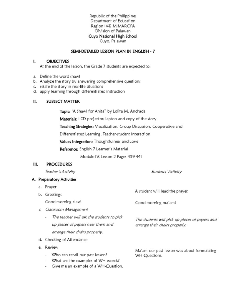 Semi-Detailed Lesson Plan in English 7 Q4 | PDF | Lesson Plan | Question