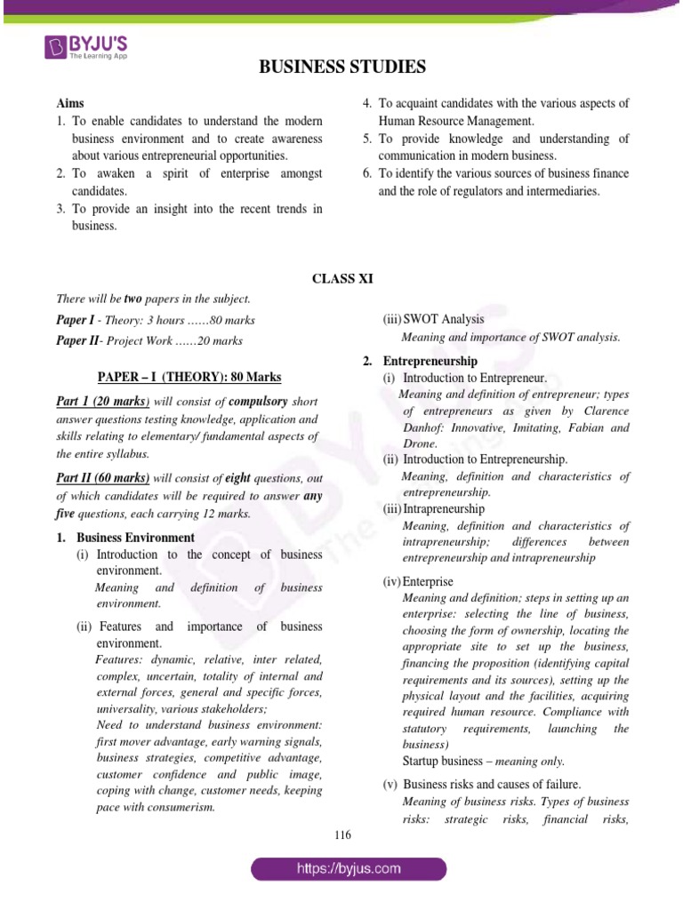 ISC Board Class 11 Business Studies Syllabus | PDF | Entrepreneurship ...