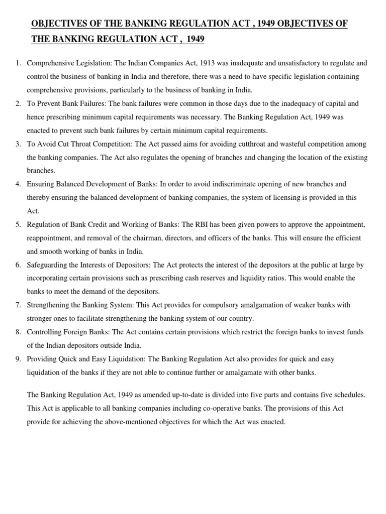 Objectives and Structure of the Banking Regulation Act 1949 | PDF ...