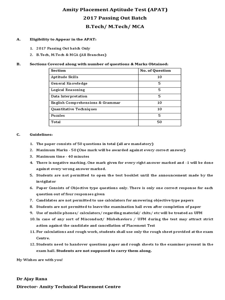 Amity Placement Aptitude Test 2017 Guide | PDF | Test (Assessment ...