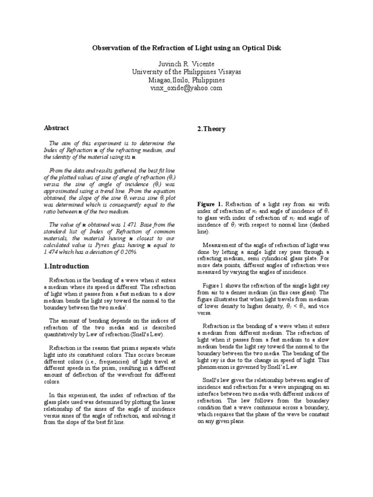 Journal On Observation of The Refraction of Light Using An Optical Disk ...