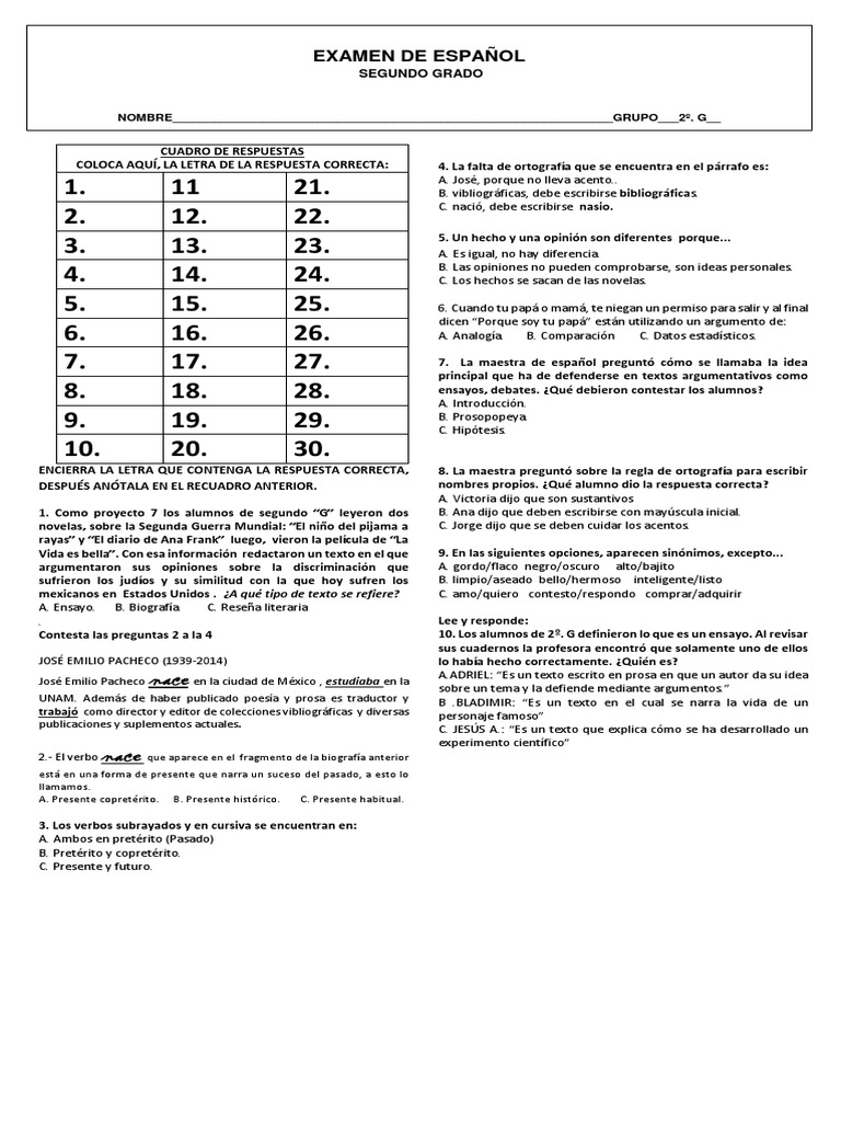 Examen de español de segundo grado: Análisis y respuestas | PDF ...