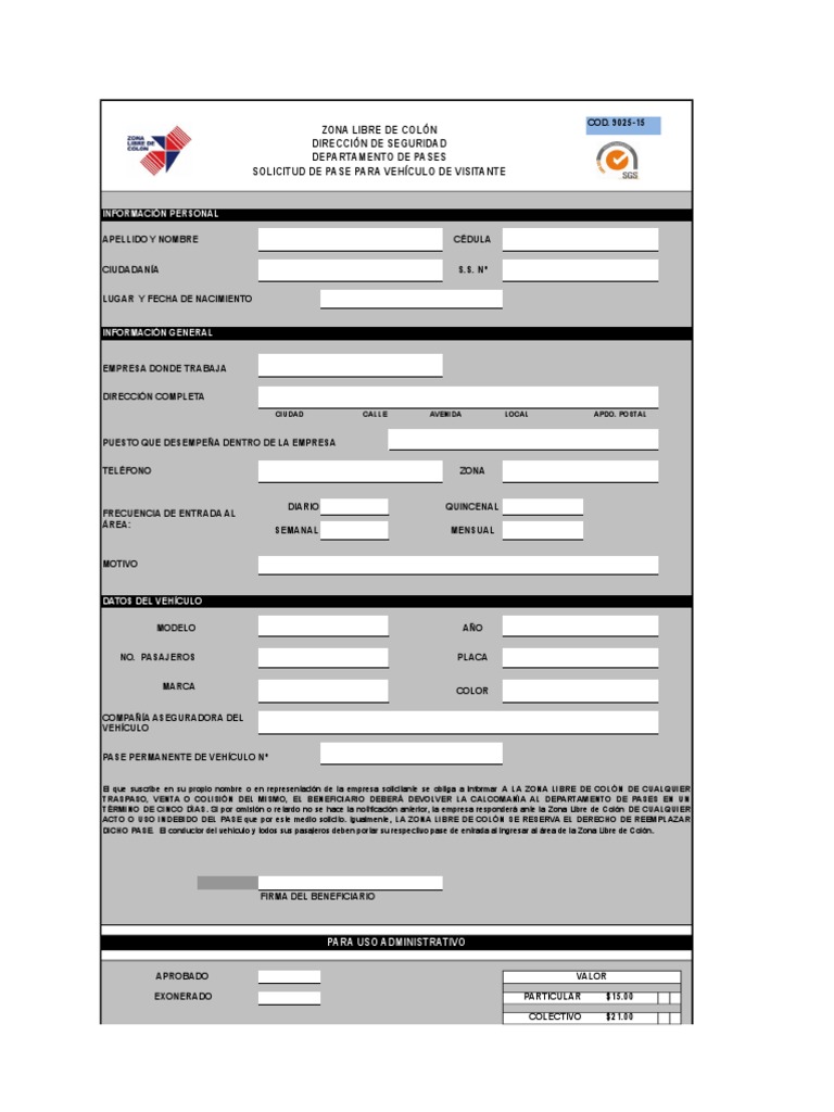 Formulario - Pase de Vehiculo de Visitante | PDF | Gobierno | Business