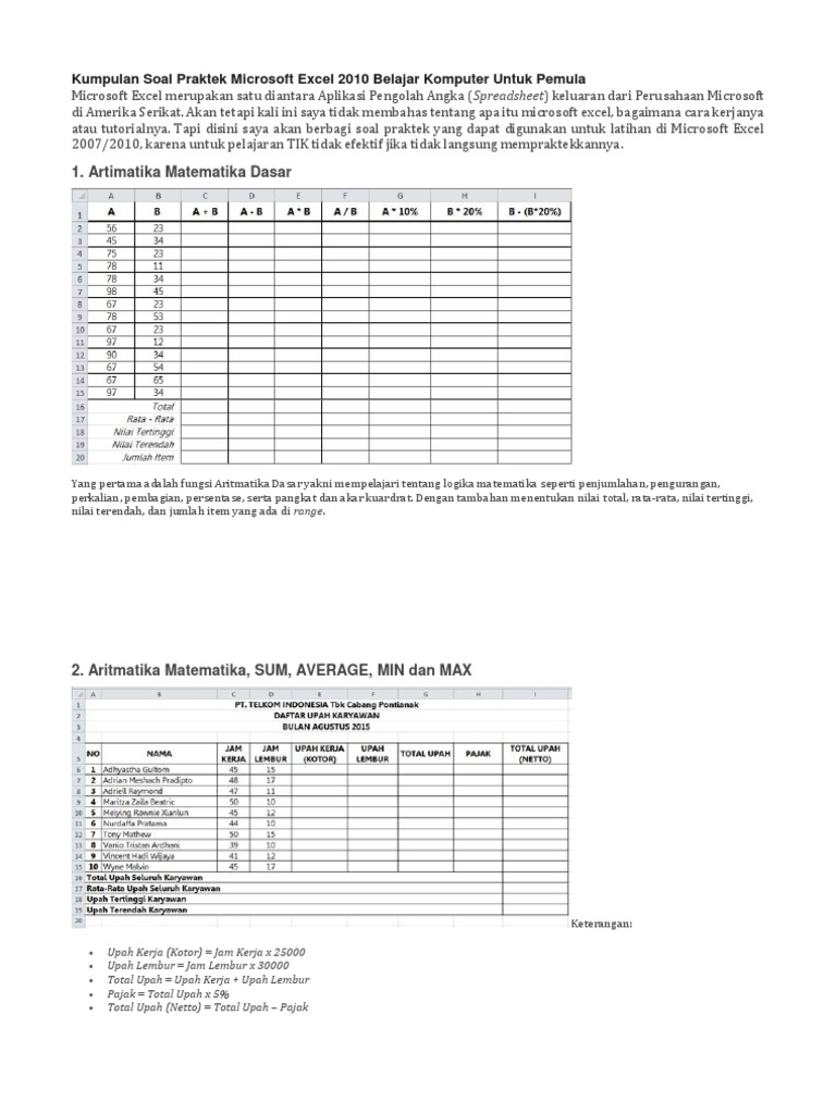 Kumpulan Soal Praktek Microsoft Excel 2010 Belajar Komputer Untuk Pemula | PDF
